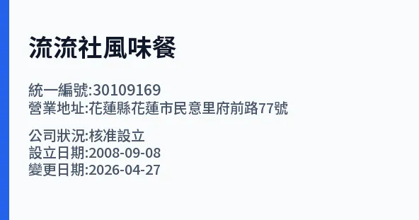 流流社風味餐的照片-統編 30109169(花蓮縣) 公司登記資料與營業項目詳細圖表