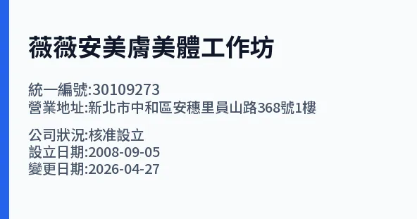 薇薇安美膚美體工作坊的照片-統編 30109273(新北市) 公司登記資料與營業項目詳細圖表