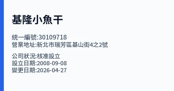 基隆小魚干的照片-統編 30109718(新北市) 公司登記資料與營業項目詳細圖表