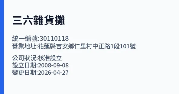 三六雜貨攤的照片-統編 30110118(花蓮縣) 公司登記資料與營業項目詳細圖表