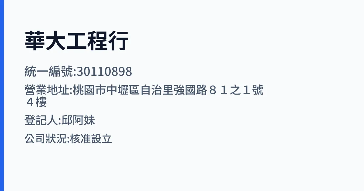 華大工程行 - 統編 30110898(桃園市) 公司登記資料與營業項目詳細圖表