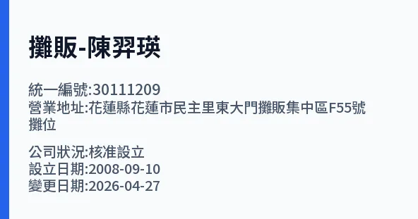 攤販-陳羿瑛的照片-統編 30111209(花蓮縣) 公司登記資料與營業項目詳細圖表
