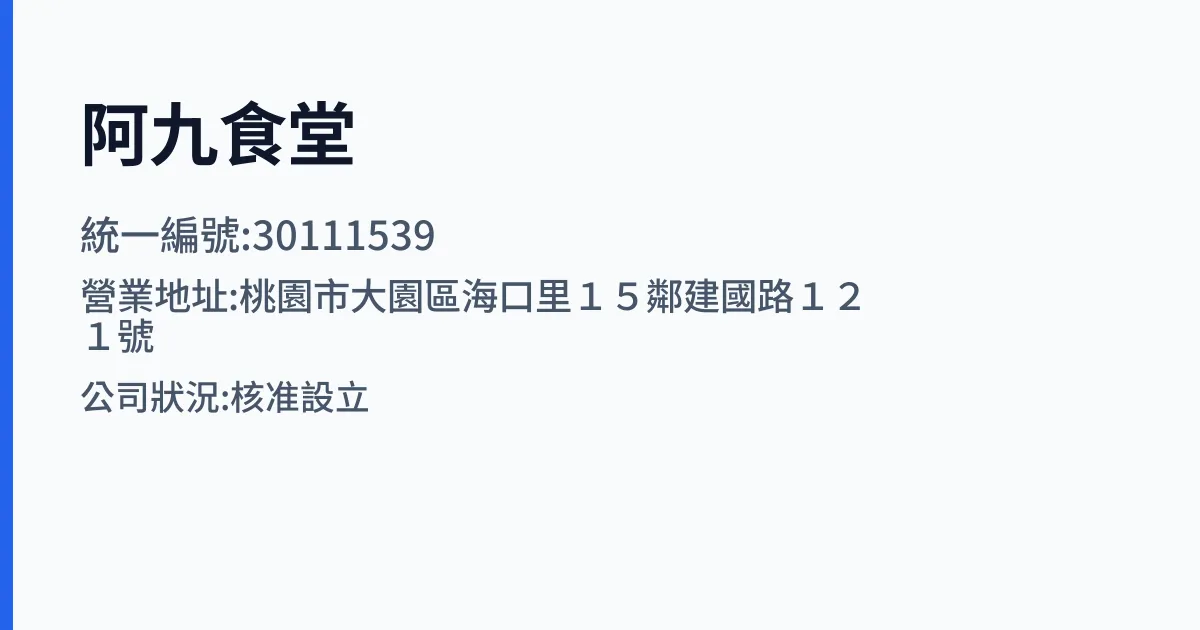 阿九食堂 - 統編 30111539(桃園市) 公司登記資料與營業項目詳細圖表
