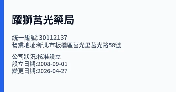 躍獅莒光藥局的照片-統編 30112137(新北市) 公司登記資料與營業項目詳細圖表