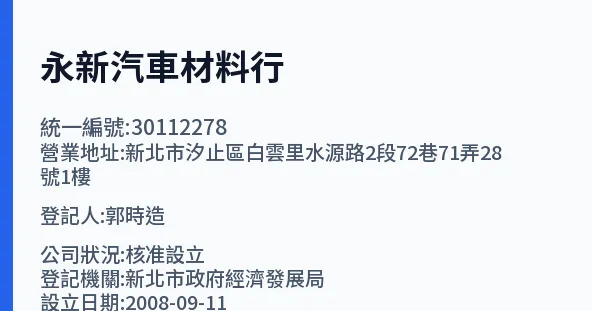 永新汽車材料行的照片-統編 30112278(新北市) 公司登記資料與營業項目詳細圖表