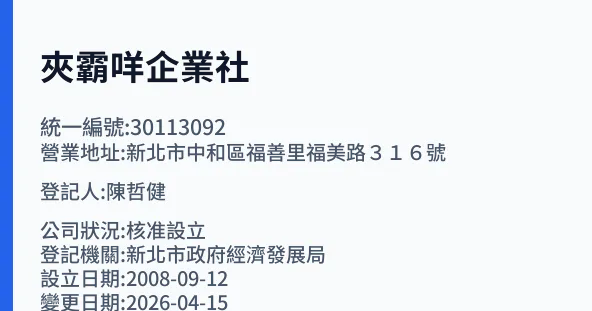 夾霸咩企業社的照片-統編 30113092(新北市) 公司登記資料與營業項目詳細圖表