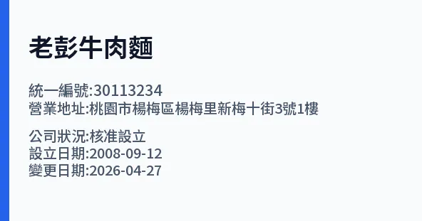 老彭牛肉麵的照片-統編 30113234(桃園市) 公司登記資料與營業項目詳細圖表