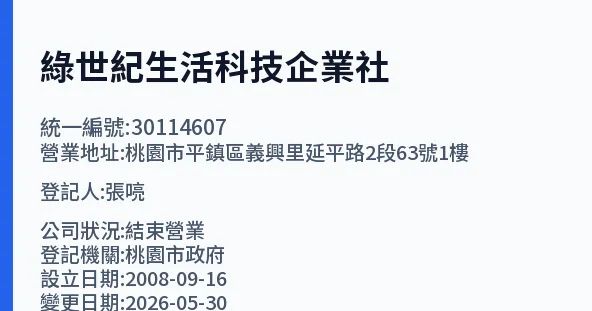 綠世紀生活科技企業社的照片-統編 30114607(桃園市) 公司登記資料與營業項目詳細圖表