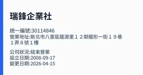 瑞鋒企業社的照片-統編 30114846(新北市) 公司登記資料與營業項目詳細圖表