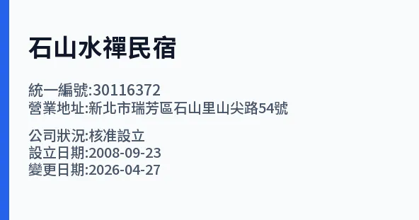 石山水禪民宿的照片-統編 30116372(新北市) 公司登記資料與營業項目詳細圖表