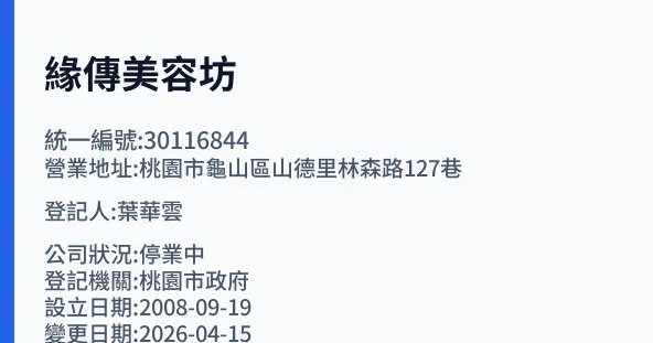 緣傳美容坊的照片-統編 30116844(桃園市) 公司登記資料與營業項目詳細圖表