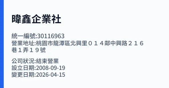 暐鑫企業社的照片-統編 30116963(桃園市) 公司登記資料與營業項目詳細圖表