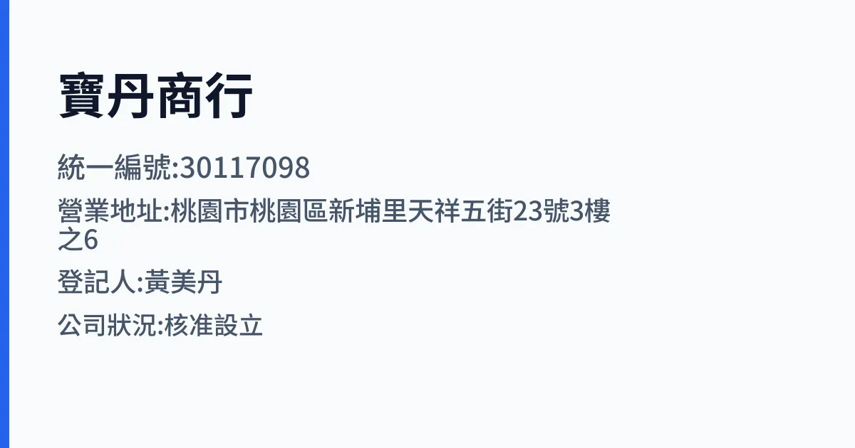 寶丹商行 - 統編 30117098(桃園市) 公司登記資料與營業項目詳細圖表
