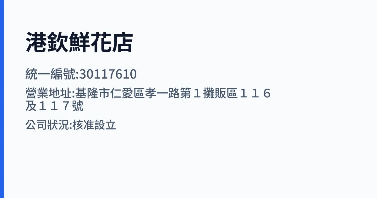 港欽鮮花店 - 統編 30117610(基隆市) 公司登記資料與營業項目詳細圖表