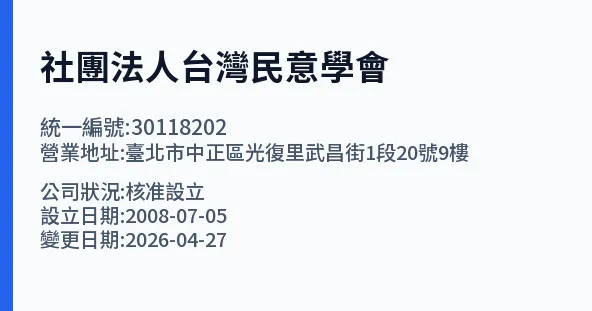 社團法人台灣民意學會的照片-統編 30118202(臺北市) 公司登記資料與營業項目詳細圖表