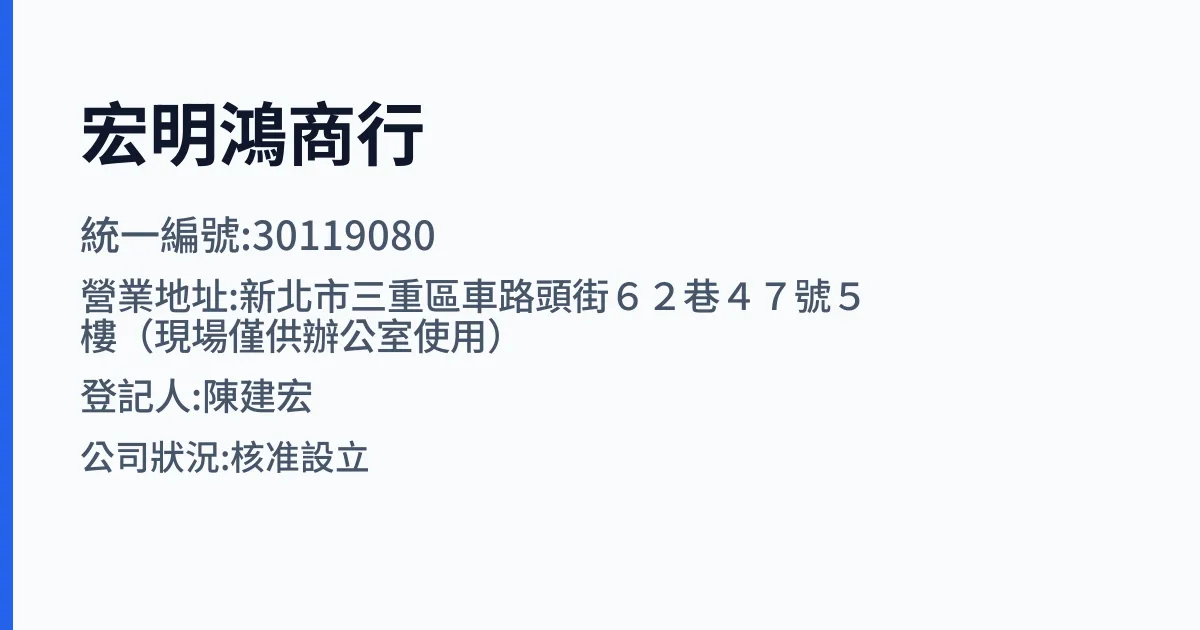 宏明鴻商行 - 統編 30119080(新北市) 公司登記資料與營業項目詳細圖表