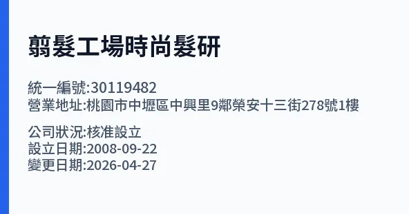 翦髮工場時尚髮研的照片-統編 30119482(桃園市) 公司登記資料與營業項目詳細圖表