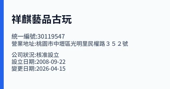 祥麒藝品古玩的照片-統編 30119547(桃園市) 公司登記資料與營業項目詳細圖表