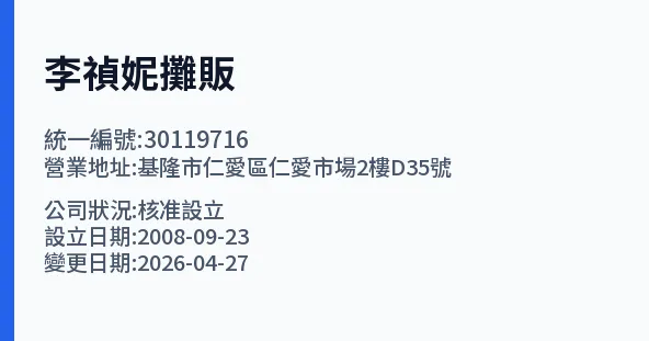 李禎妮攤販的照片-統編 30119716(基隆市) 公司登記資料與營業項目詳細圖表