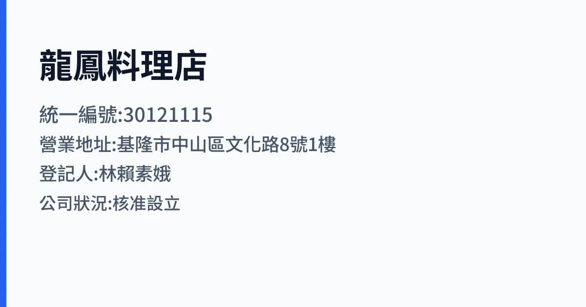 龍鳳料理店 - 統編 30121115(基隆市) 公司登記資料與營業項目詳細圖表