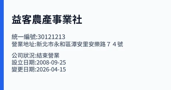 益客農產事業社的照片-統編 30121213(新北市) 公司登記資料與營業項目詳細圖表