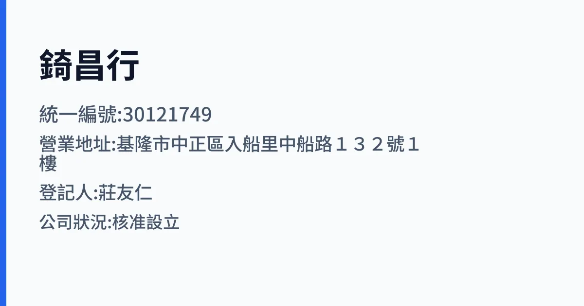 錡昌行 - 統編 30121749(基隆市) 公司登記資料與營業項目詳細圖表