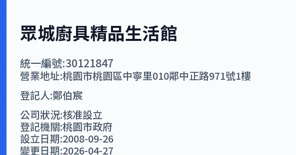 眾城廚具精品生活館的照片-統編 30121847(桃園市) 公司登記資料與營業項目詳細圖表