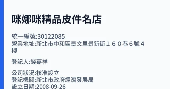 咪娜咪精品皮件名店的照片-統編 30122085(新北市) 公司登記資料與營業項目詳細圖表