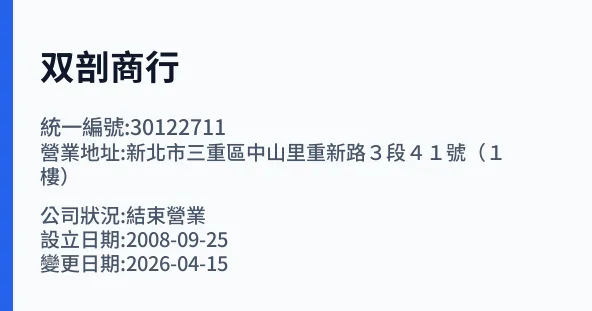 双剖商行的照片-統編 30122711(新北市) 公司登記資料與營業項目詳細圖表