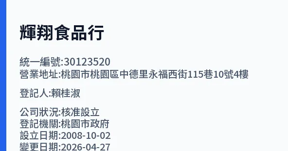 輝翔食品行的照片-統編 30123520(桃園市) 公司登記資料與營業項目詳細圖表