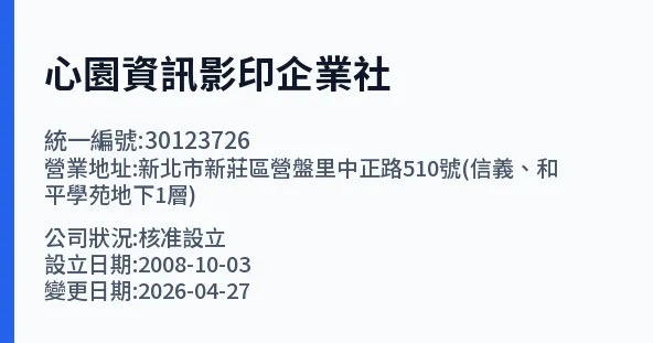 心園資訊影印企業社的照片-統編 30123726(新北市) 公司登記資料與營業項目詳細圖表