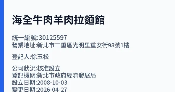 海全牛肉羊肉拉麵館的照片-統編 30125597(新北市) 公司登記資料與營業項目詳細圖表