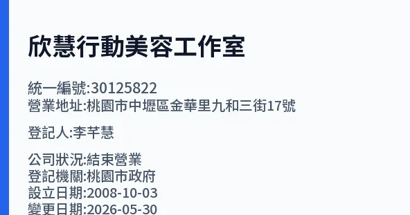 欣慧行動美容工作室的照片-統編 30125822(桃園市) 公司登記資料與營業項目詳細圖表