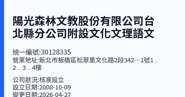 陽光森林文教股份有限公司台北縣分公司附設文化文理語文的照片-統編 30128335(新北市) 公司登記資料與營業項目詳細圖表