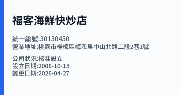 福客海鮮快炒店的照片-統編 30130450(桃園市) 公司登記資料與營業項目詳細圖表