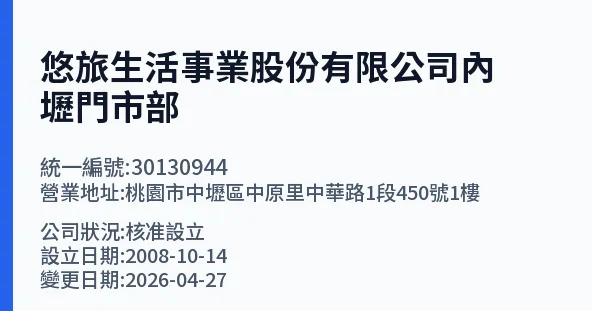 悠旅生活事業股份有限公司內壢門市部的照片-統編 30130944(桃園市) 公司登記資料與營業項目詳細圖表