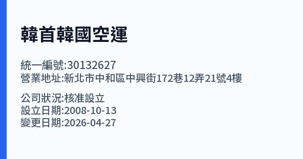 韓首韓國空運的照片-統編 30132627(新北市) 公司登記資料與營業項目詳細圖表