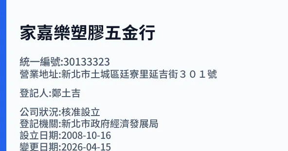 家嘉樂塑膠五金行的照片-統編 30133323(新北市) 公司登記資料與營業項目詳細圖表