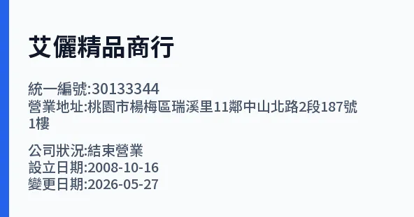 艾儷精品商行的照片-統編 30133344(桃園市) 公司登記資料與營業項目詳細圖表