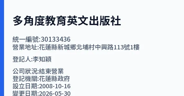 多角度教育英文出版社的照片-統編 30133436(花蓮縣) 公司登記資料與營業項目詳細圖表