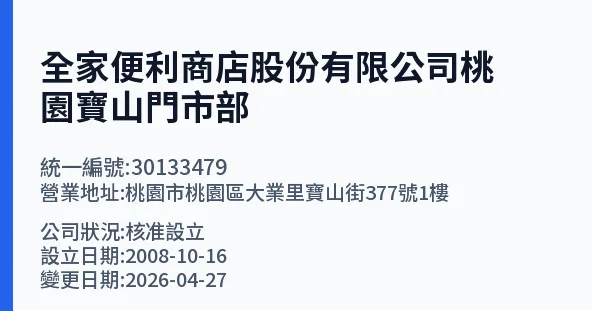 全家便利商店股份有限公司桃園寶山門市部的照片-統編 30133479(桃園市) 公司登記資料與營業項目詳細圖表