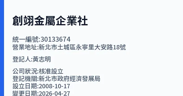 創翊金屬企業社的照片-統編 30133674(新北市) 公司登記資料與營業項目詳細圖表
