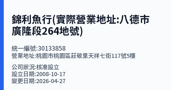 錦利魚行(實際營業地址:八德市廣隆段264地號)的照片-統編 30133858(桃園市) 公司登記資料與營業項目詳細圖表