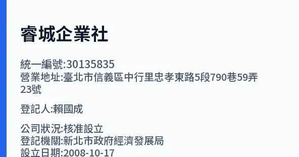 睿城企業社的照片-統編 30135835(臺北市) 公司登記資料與營業項目詳細圖表