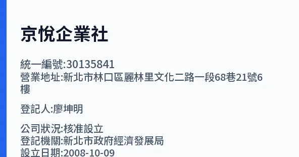 京悅企業社的照片-統編 30135841(新北市) 公司登記資料與營業項目詳細圖表