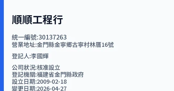 順順工程行的照片-統編 30137263(金門縣) 公司登記資料與營業項目詳細圖表