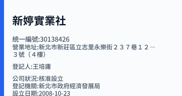 新婷實業社的照片-統編 30138426(新北市) 公司登記資料與營業項目詳細圖表