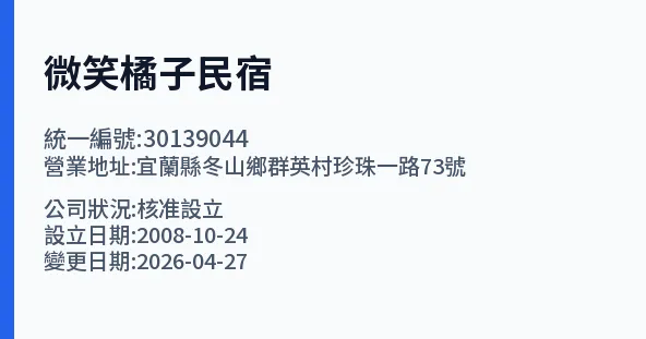 微笑橘子民宿的照片-統編 30139044(宜蘭縣) 公司登記資料與營業項目詳細圖表