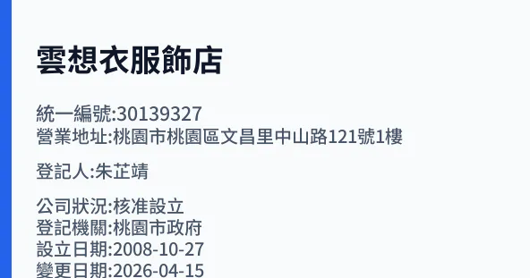 雲想衣服飾店的照片-統編 30139327(桃園市) 公司登記資料與營業項目詳細圖表