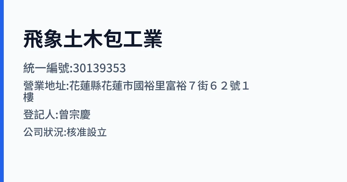 飛象土木包工業 - 統編 30139353（花蓮縣） 公司登記資料與營業項目詳細圖表